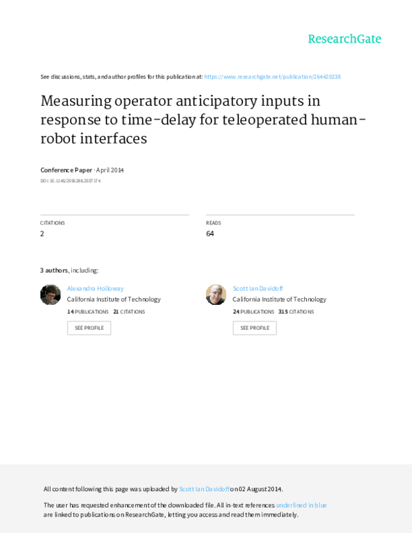 (PDF) Measuring operator anticipatory inputs in response to time-delay for teleoperated human ...