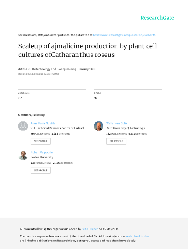 (PDF) Scaleup of ajmalicine production by plant cell cultures ...