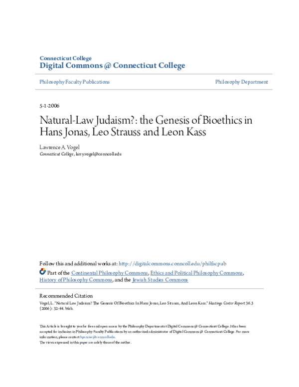 (PDF) Natural Law Judaism?: The Genesis of Bioethics in Hans Jonas, Leo ...
