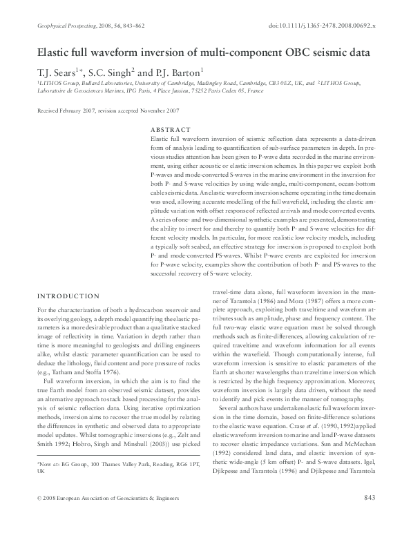 Pdf Elastic Full Waveform Inversion Of Multi Component Obc Seismic Data 