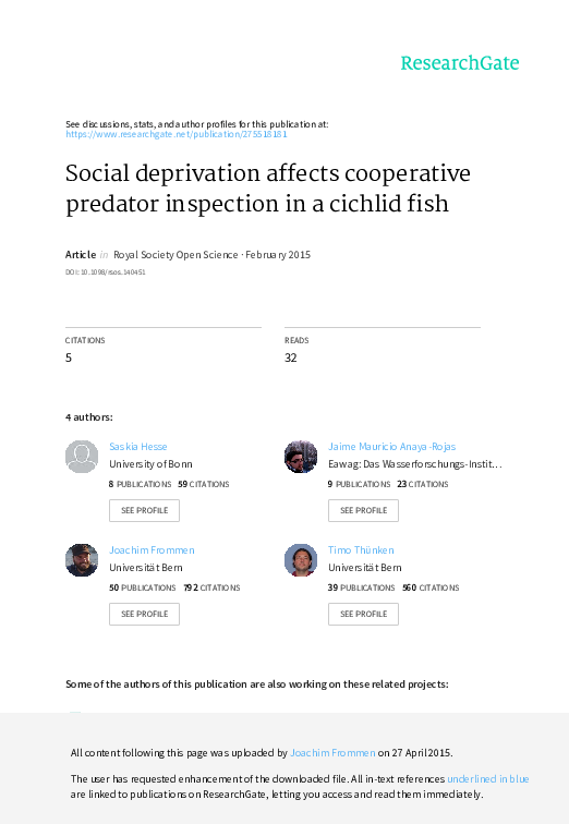 (PDF) Social deprivation affects cooperative predator inspection in a ...