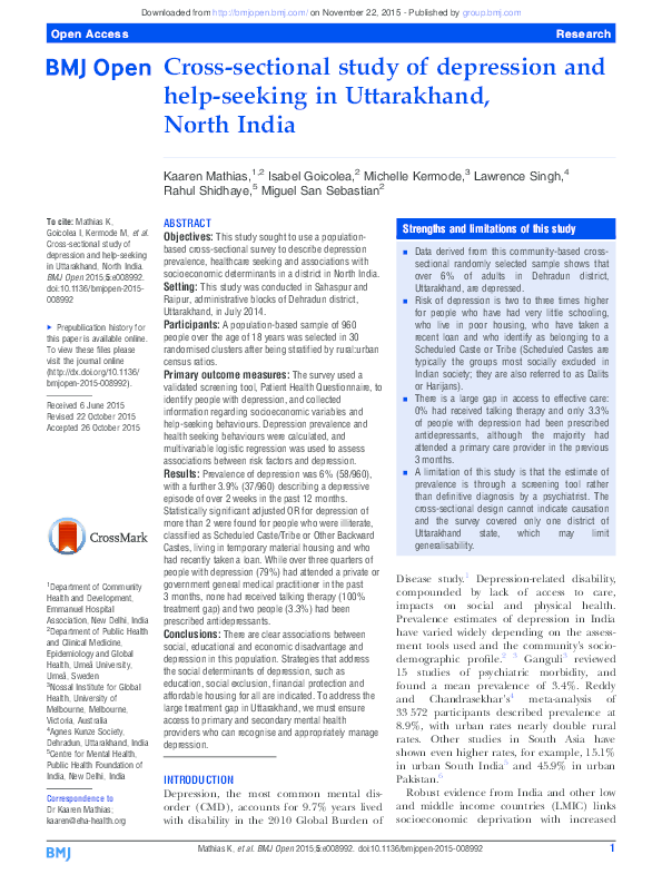 (PDF) Cross-sectional study of depression and help-seeking in ...