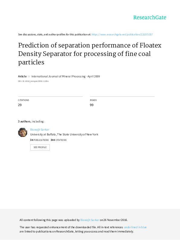 (PDF) Prediction of separation performance of Floatex Density Separator for processing of fine ...