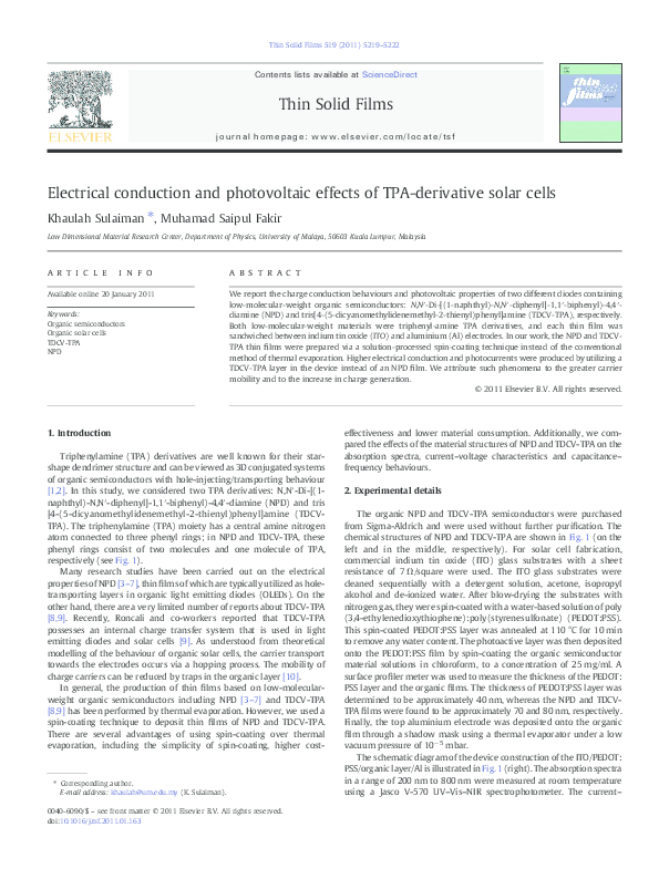 (PDF) Electrical conduction and photovoltaic effects of TPA-derivative ...