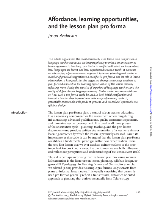 (PDF) Affordance, learning opportunities, and the lesson plan pro forma