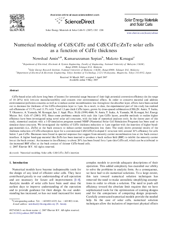 (PDF) Numerical modeling of CdS/CdTe and CdS/CdTe/ZnTe solar cells as a function of CdTe thickness