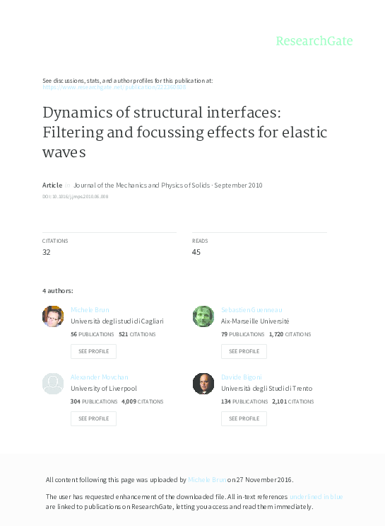 (PDF) Dynamics of structural interfaces: Filtering and focussing effects for elastic waves
