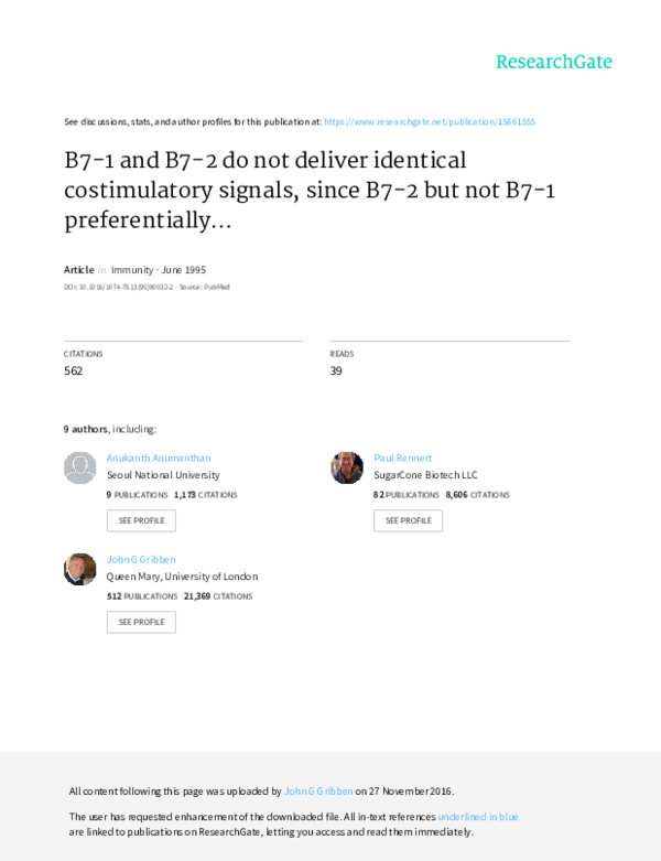 (PDF) B7-1 and B7-2 do not deliver identical costimulatory signals ...