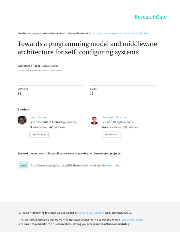 (PDF) Towards a programming model and middleware architecture for self-configuring systems