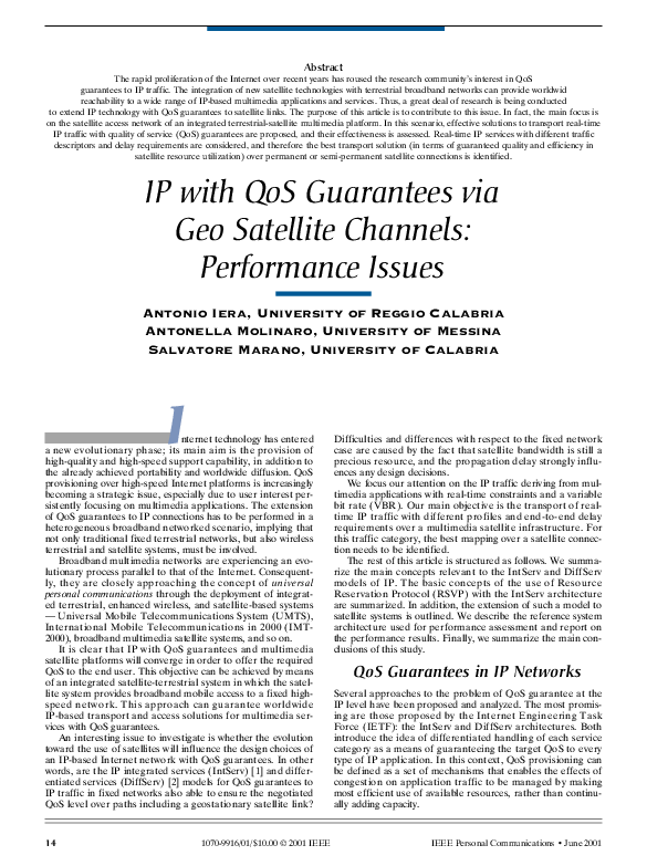 (PDF) IP with QoS guarantees via Geo satellite channels: performance issues