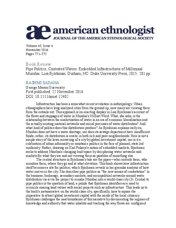(PDF) Review of "Pipe Politics, Contested Waters: Embedded ...