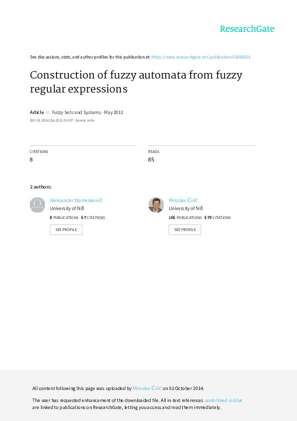 (PDF) Construction of fuzzy automata from fuzzy regular expressions