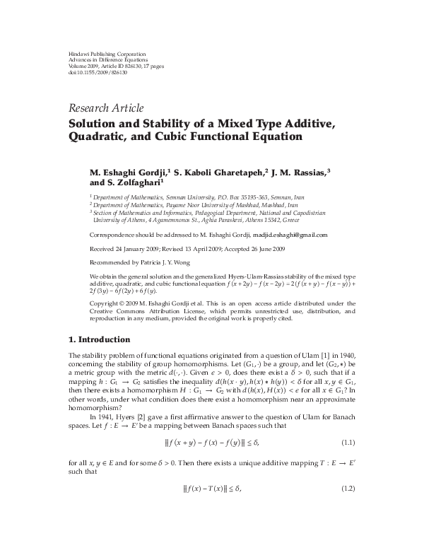 (PDF) Solution and Stability of a Mixed Type Additive, Quadratic, and Cubic Functional Equation