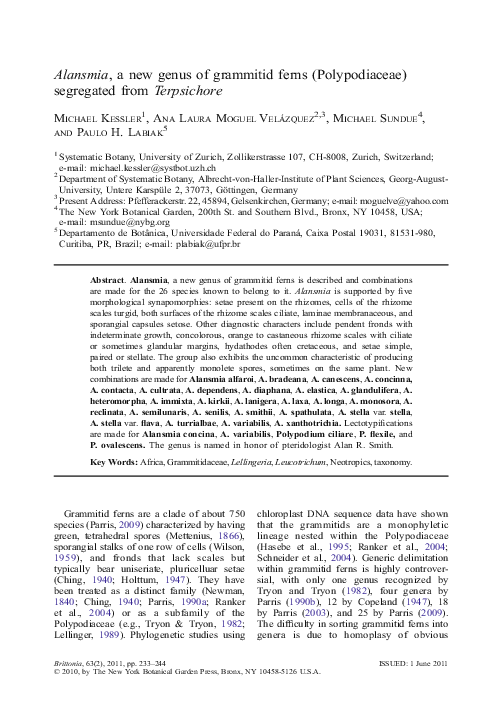 (PDF) Alansmia , a new genus of grammitid ferns (Polypodiaceae) segregated from Terpsichore