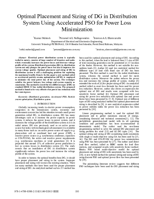 Pdf Optimal Placement And Sizing Of Dg In Distribution System Using Accelerated Pso For Power 
