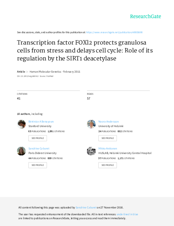 (PDF) Transcription factor FOXL2 protects granulosa cells from stress ...
