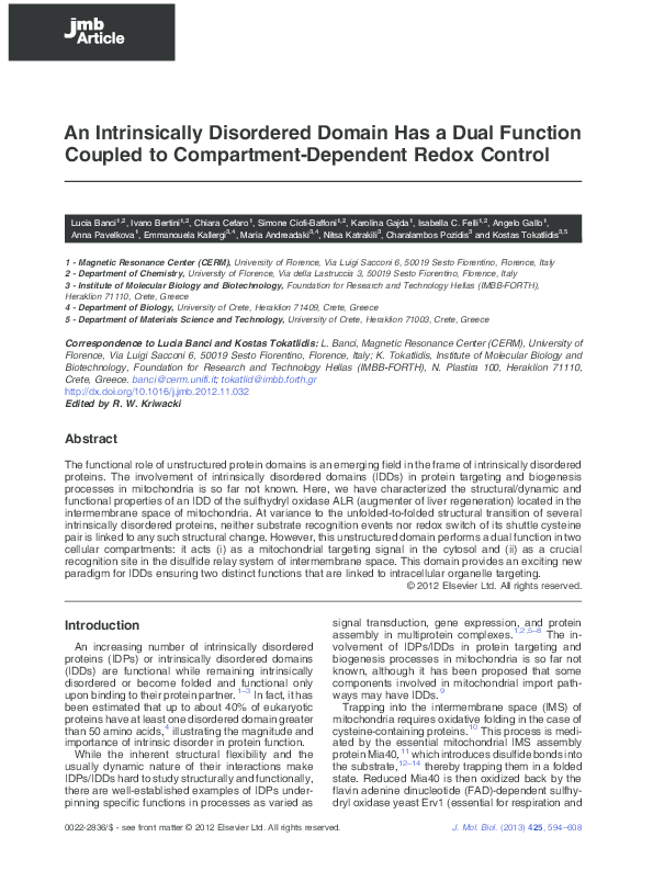 (PDF) An intrinsically disordered domain has a dual function coupled to compartment-dependent ...
