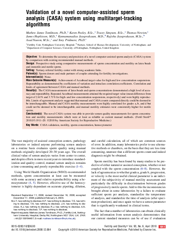 (PDF) Validation of a novel computer-assisted sperm analysis (CASA ...