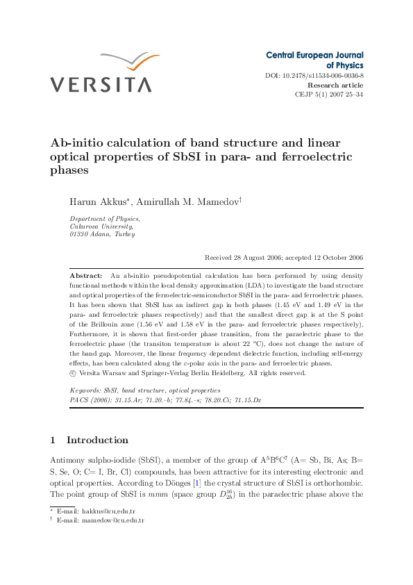 Pdf Ab Initio Calculation Of Band Structure And Linear Optical