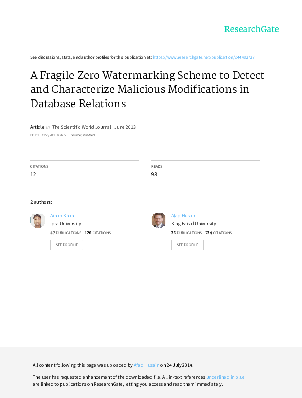 Pdf A Fragile Zero Watermarking Scheme To Detect And Characterize Malicious Modifications In