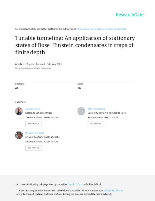 Pdf Tunable Tunneling An Application Of Stationary States Of Bose Einstein Condensates In