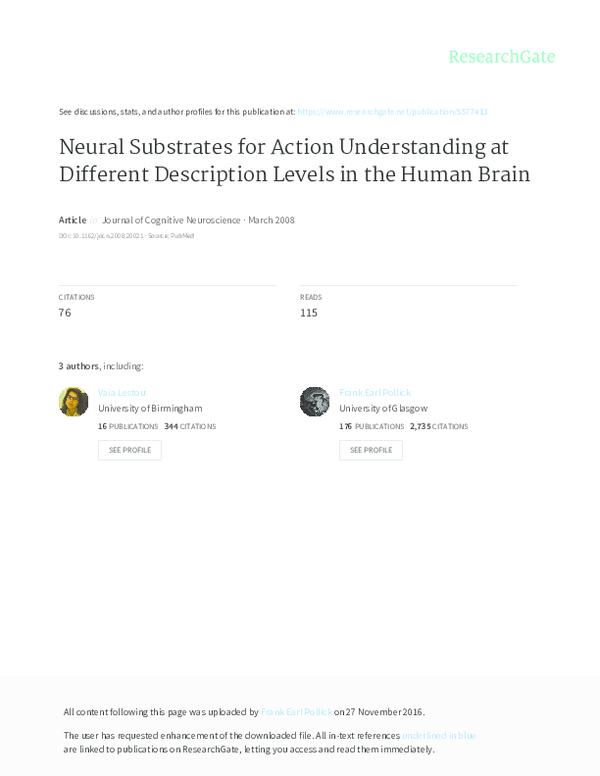 Pdf Neural Substrates For Action Understanding At Different Description Levels In The Human Brain