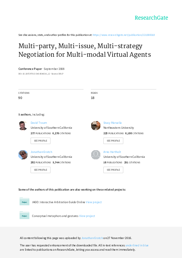 (PDF) Multi-party, Multi-issue, Multi-strategy Negotiation for Multi-modal Virtual Agents