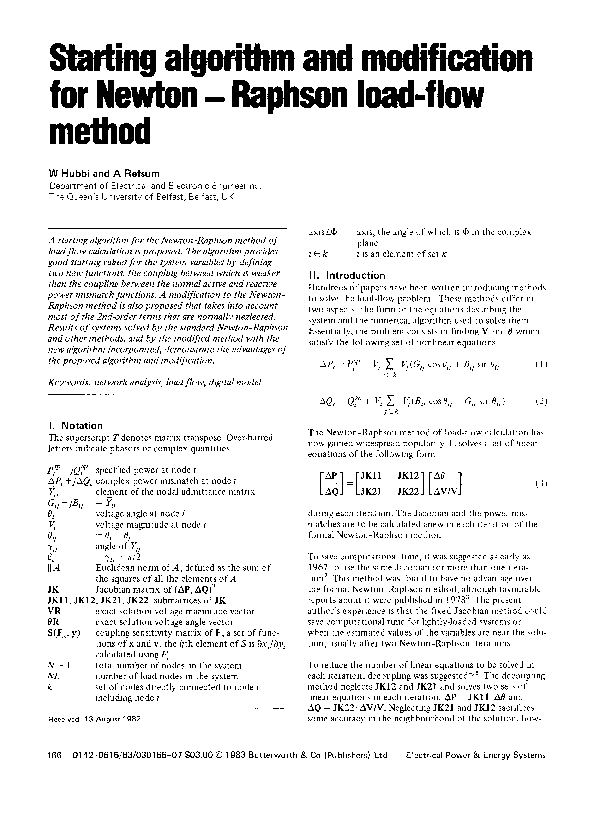 Pdf Starting Algorithm And Modification For Newton Raphson Load Flow Method 