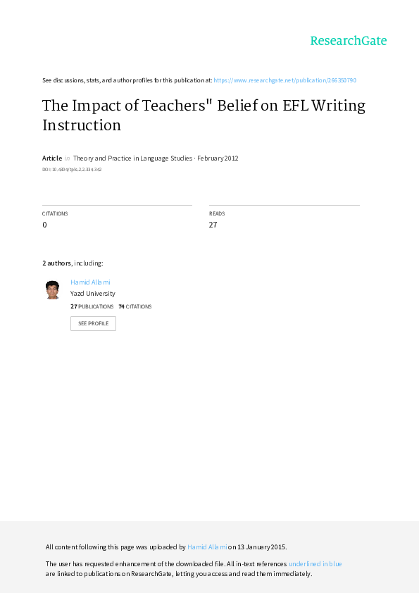 (PDF) The Impact of Teachers‟ Belief on EFL Writing Instruction | Hamid ...