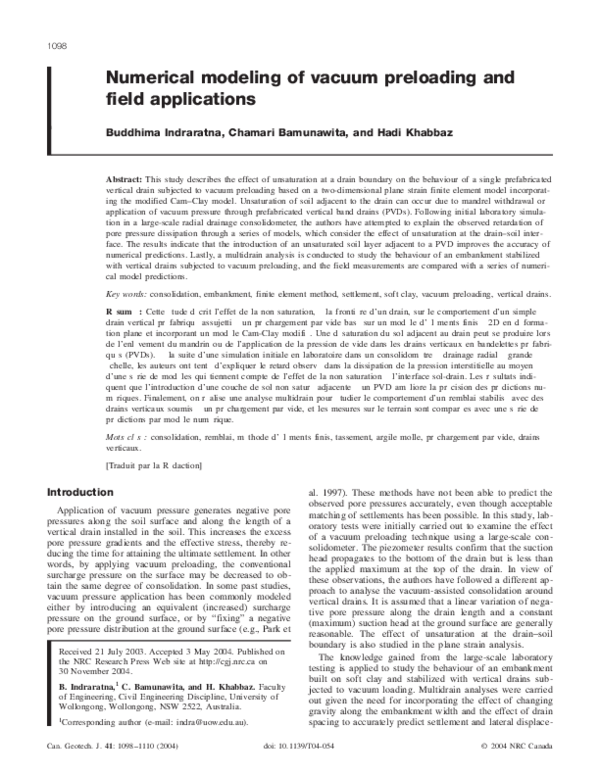 (PDF) Numerical modeling of vacuum preloading and field applications