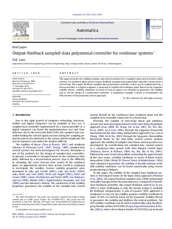Pdf Output Feedback Sampled Data Polynomial Controller For Nonlinear Systems