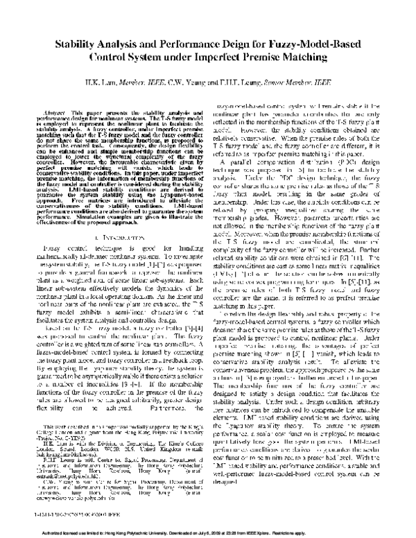(PDF) Stability Analysis and Performance Design for Fuzzy Model-based Control Systems using a ...