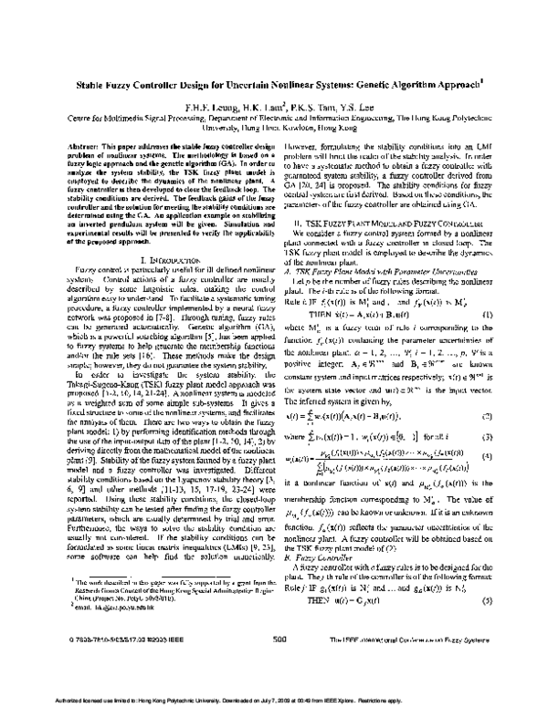 (PDF) Stable fuzzy controller design for uncertain nonlinear systems: genetic algorithm approach