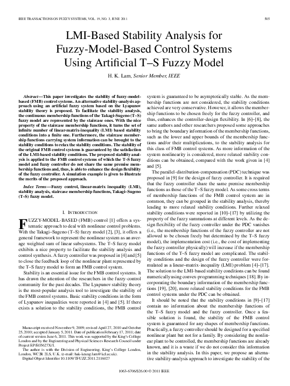 (PDF) LMI-Based Stability Analysis for Fuzzy-Model-Based Control Systems Using Artificial T–S ...