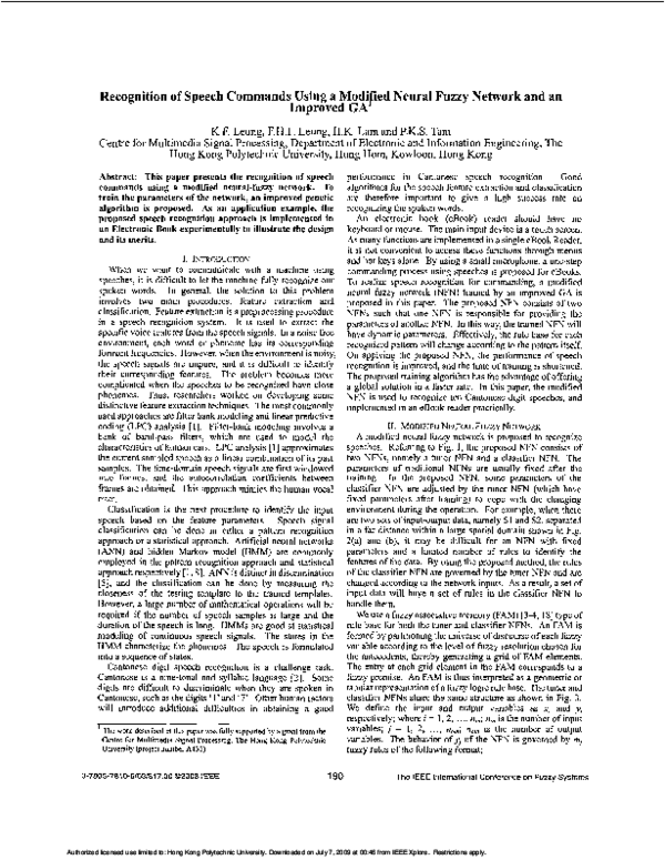 Pdf Recognition Of Speech Commands Using A Modified Neural Fuzzy Network And An Improved Ga