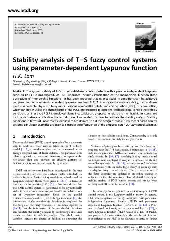 (PDF) Stability analysis of T–S fuzzy control systems using parameter-dependent Lyapunov function