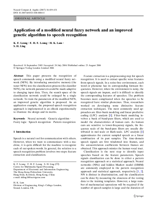 Pdf Application Of A Modified Neural Fuzzy Network And An Improved Genetic Algorithm To Speech