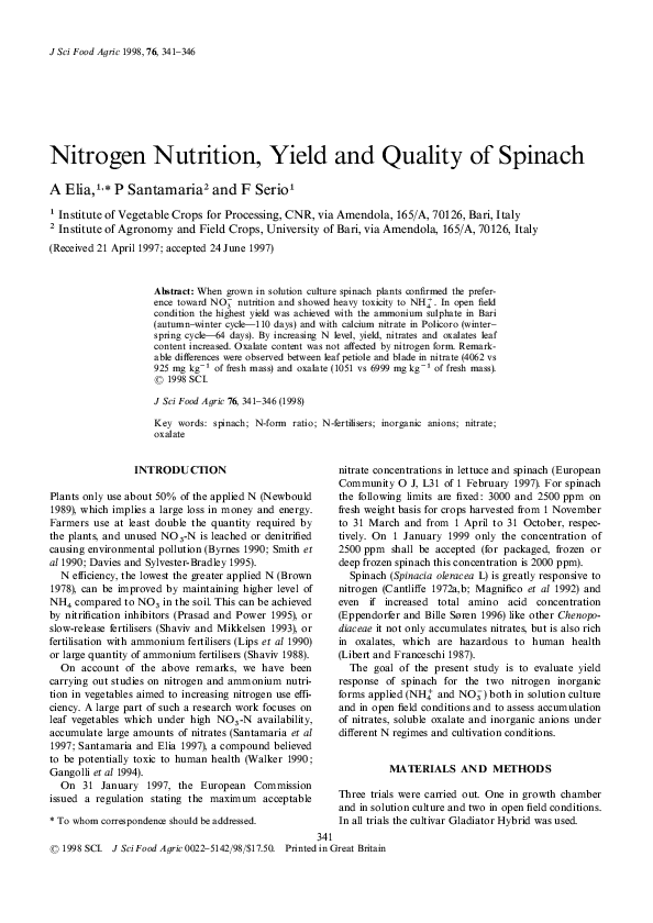 (PDF) Nitrogen nutrition, yield and quality of spinach