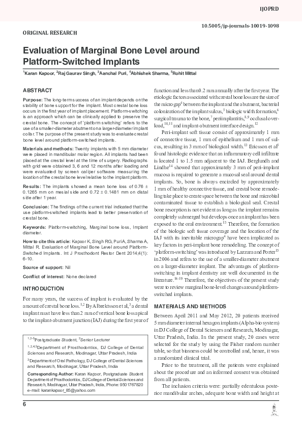 Pdf Evaluation Of Marginal Bone Level Around Platform Switched Implants