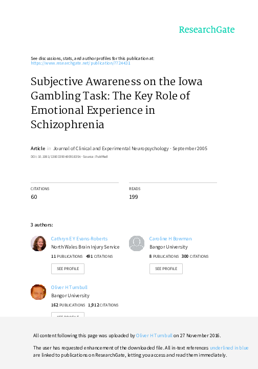 (PDF) Subjective Awareness on the Iowa Gambling Task: The Key Role of ...