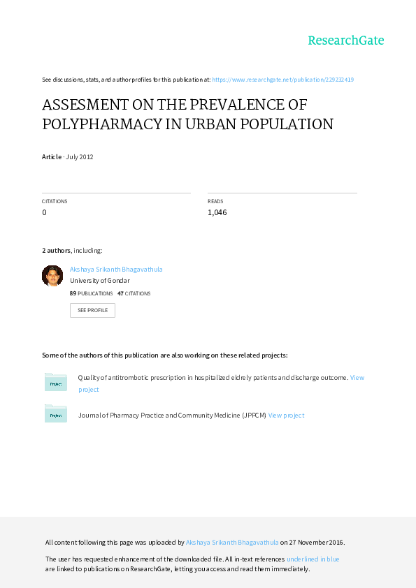 (PDF) ASSESMENT ON THE PREVALENCE OF POLYPHARMACY IN URBAN POPULATION