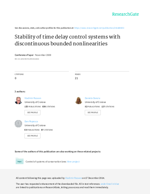 (PDF) Stability of time delay control systems with discontinuous bounded nonlinearities