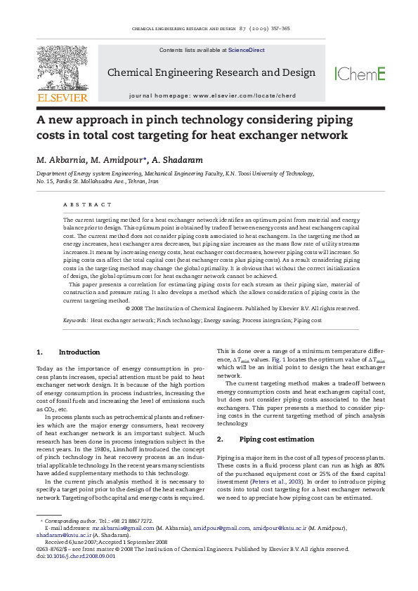 (PDF) A new approach in pinch technology considering piping costs in ...