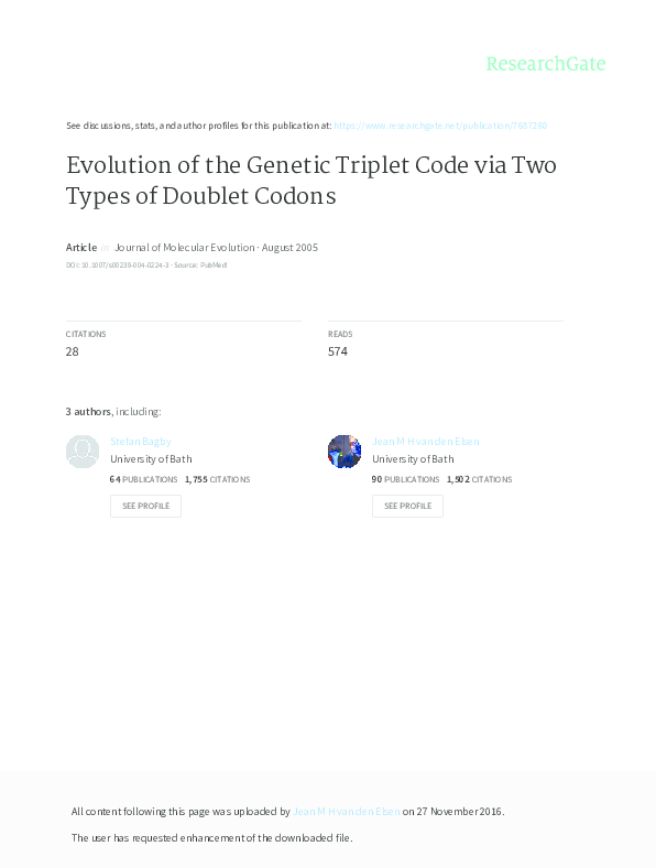 (PDF) Evolution of the genetic triplet code via two types of doublet codons