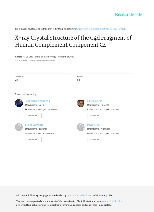 (PDF) X-ray crystal structure of the C4d fragment of human complement component C4