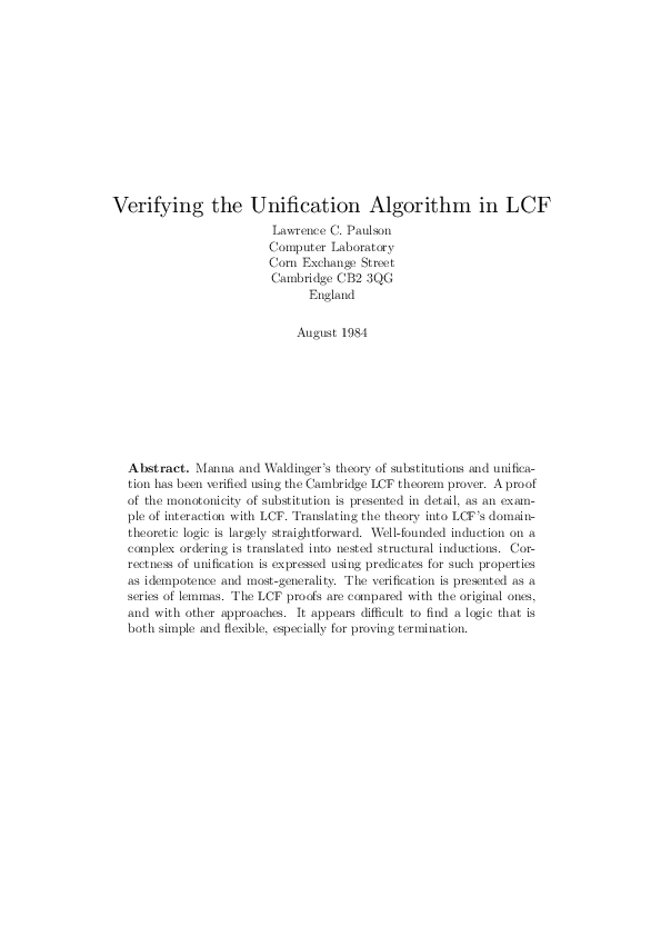 (PDF) Verifying the Unification Algorithm in LCF