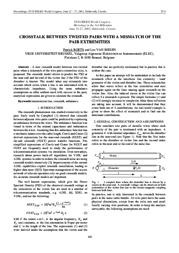 Pdf Crosstalk Between Twisted Pairs With A Mismatch Of The Pair