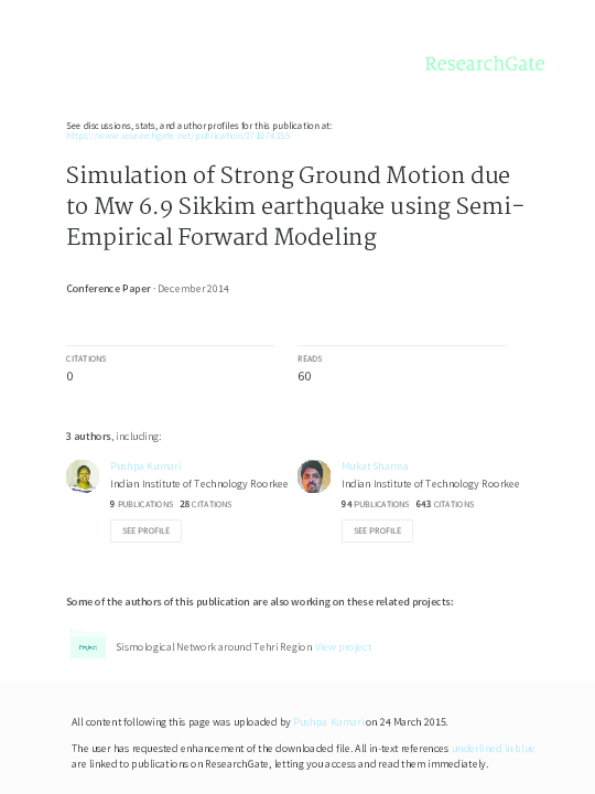 (PDF) Simulation of Strong Ground Motion due to Mw 6.9 Sikkim earthquake using Semi-Empirical ...