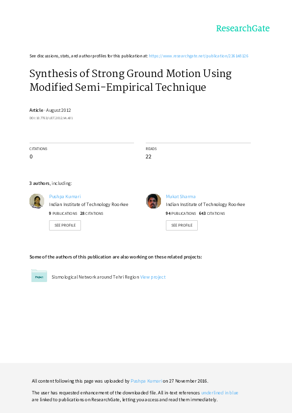 (PDF) Synthesis of Strong Ground Motion Using Modified Semi-Empirical ...