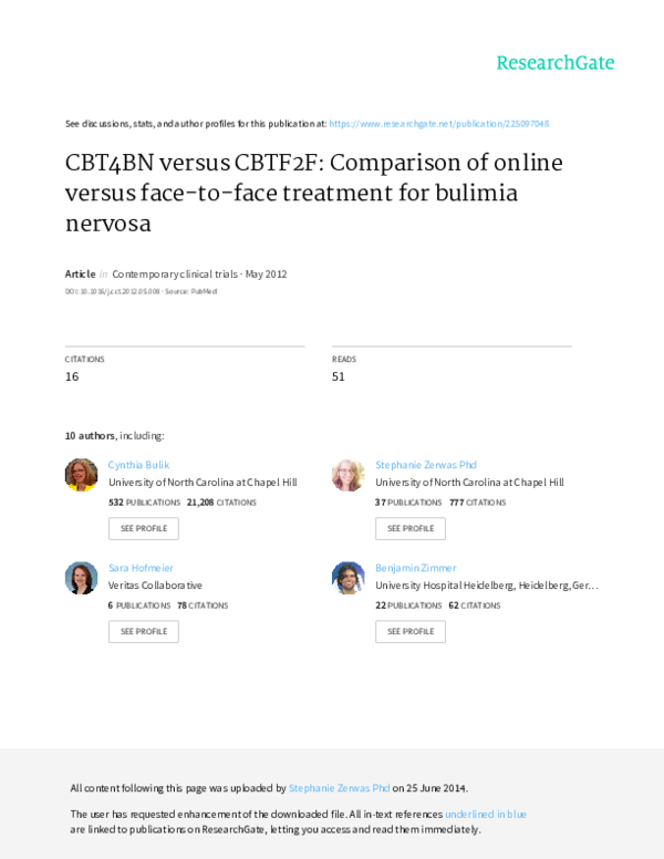 (PDF) CBT4BN versus CBTF2F: Comparison of online versus face-to-face treatment for bulimia nervosa